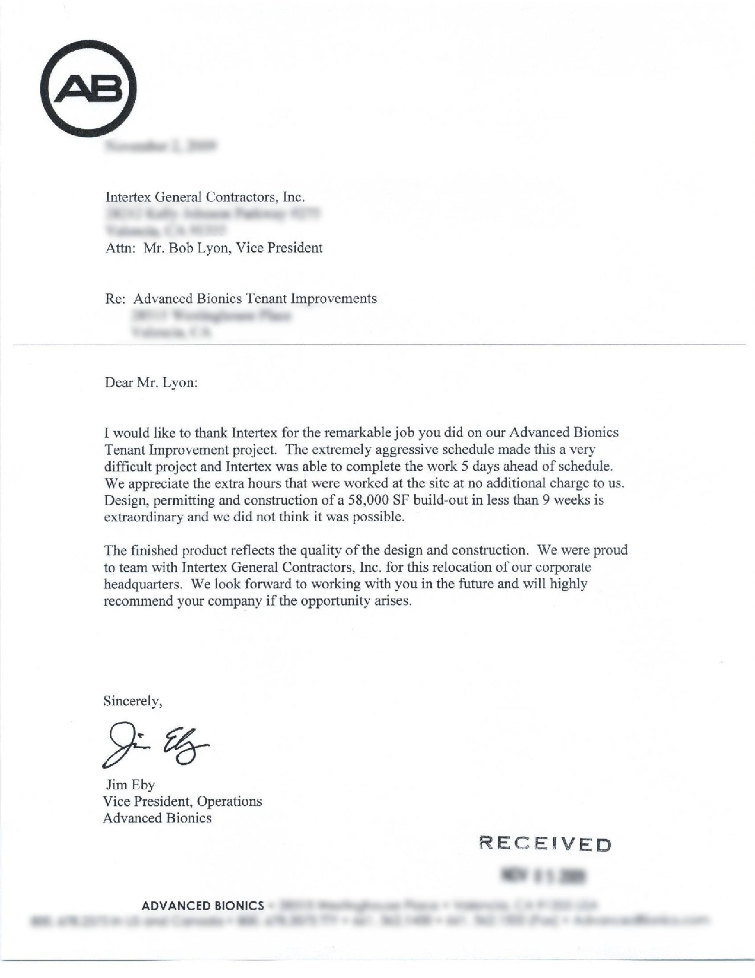 Intertex General Contractors | Letters of Recommendation