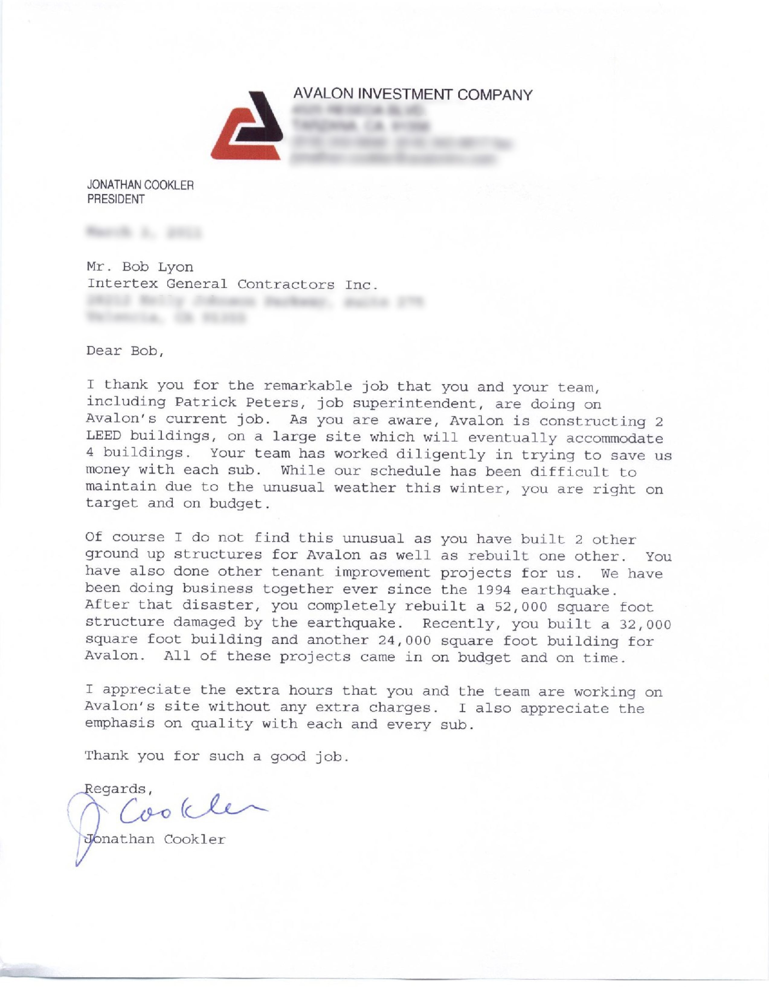 Intertex General Contractors | Letters of Recommendation