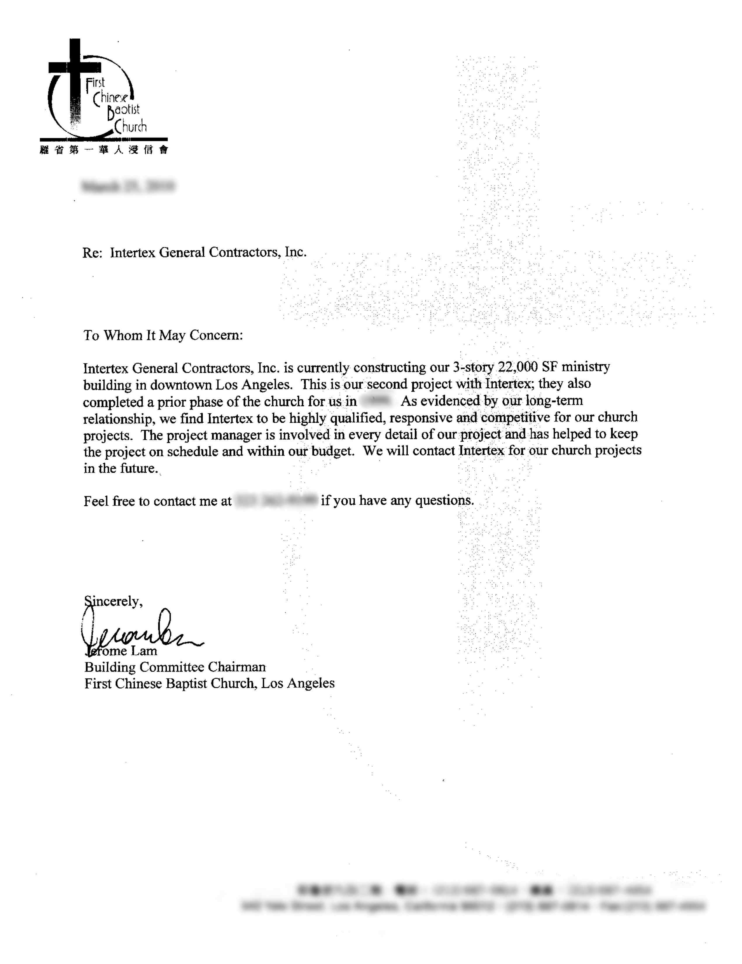 Intertex General Contractors | Letters of Recommendation