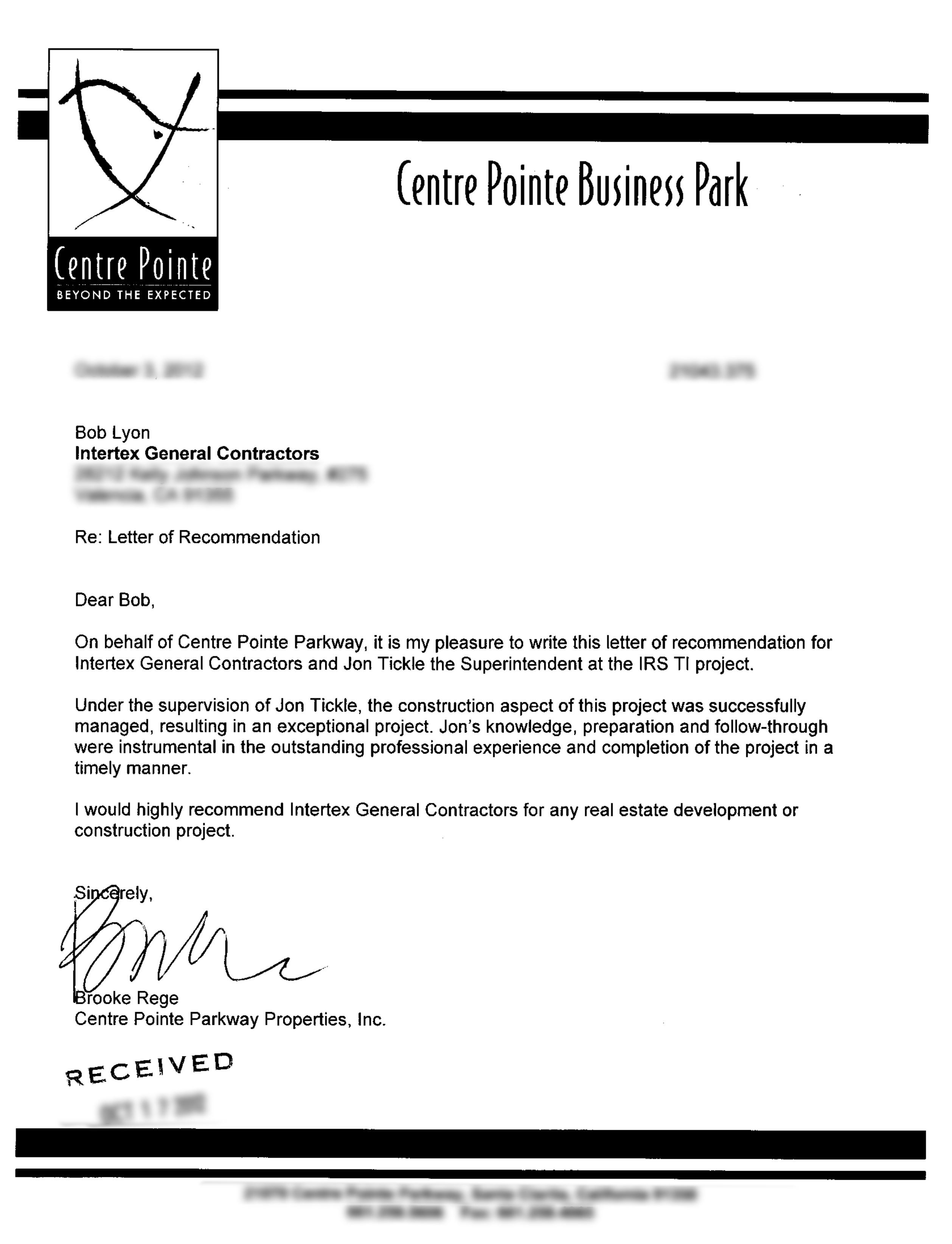 Intertex General Contractors | Letters of Recommendation